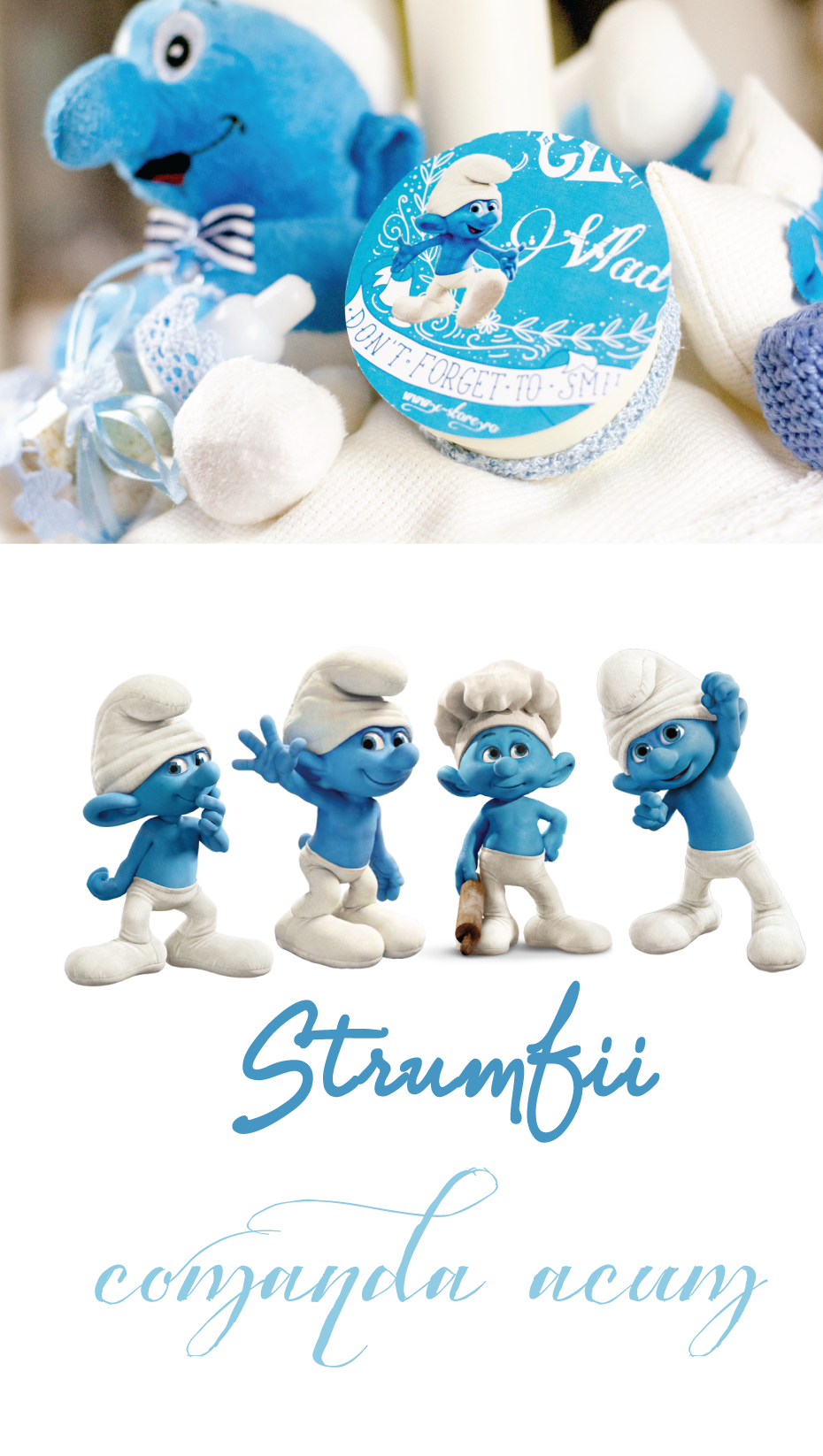 Lumanare botez baieti, tema botez Strumfii veseli " Bebe strumf