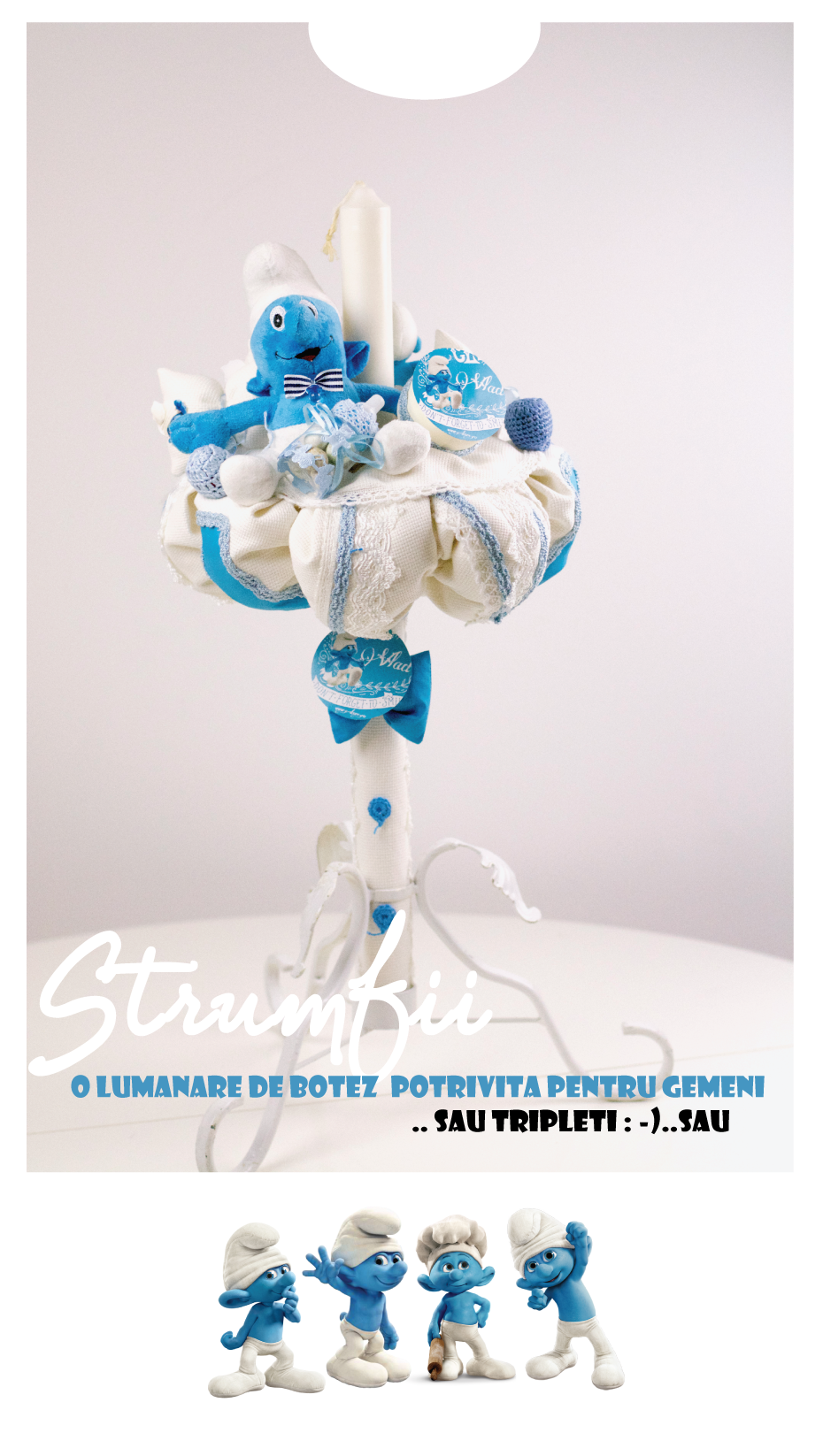 Lumanare botez baieti, tema botez Strumfii veseli " Bebe strumf