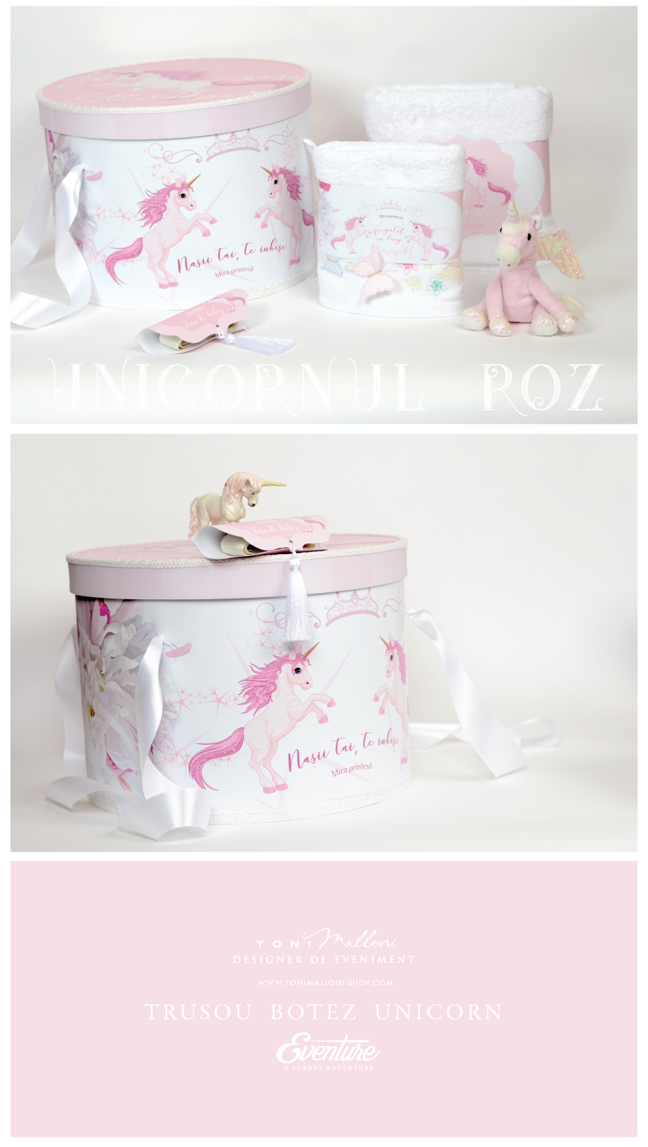Trusou de botez cu unicorni roz pentru fete, set complet biserica